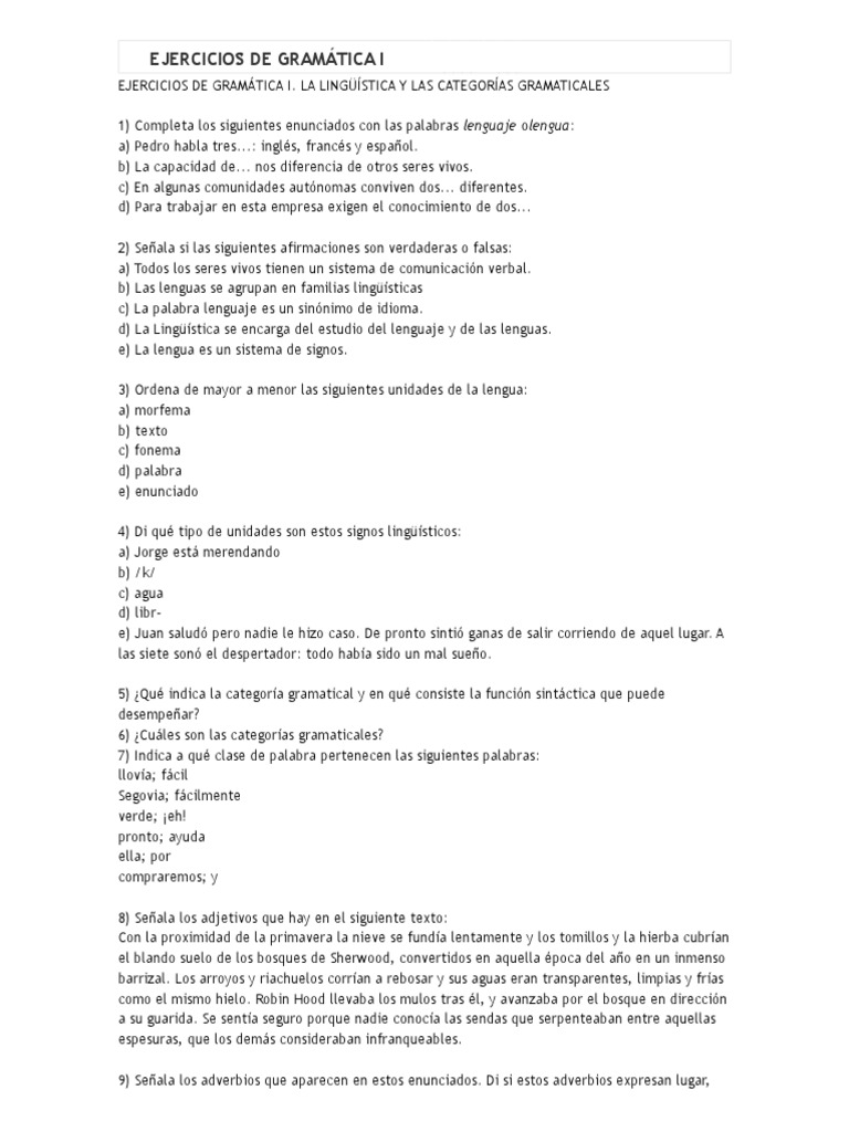 Ejercicios de Gramática I | PDF | Palabra | Verbo