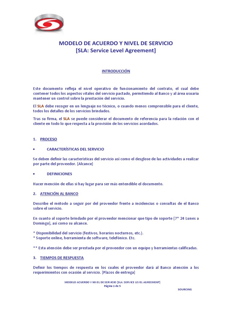 Modelo de Acuerdo y Nivel de Servicio - Sla Service Level Agreement ...