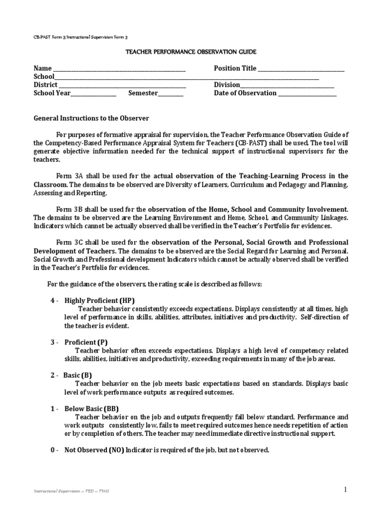 CB-PAST Form 3/instructional Supervision Form 3 | PDF | Teaching Method ...