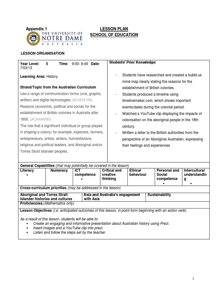 Appendix 1 Lesson Plan School Of Education: (ACHHS106) | Indigenous ...