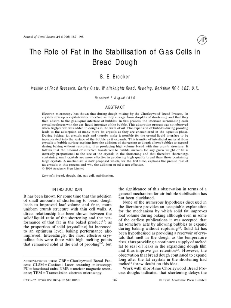 The Role of Fat in The Stabilisation of Gas Cells in Bread Dough | PDF ...