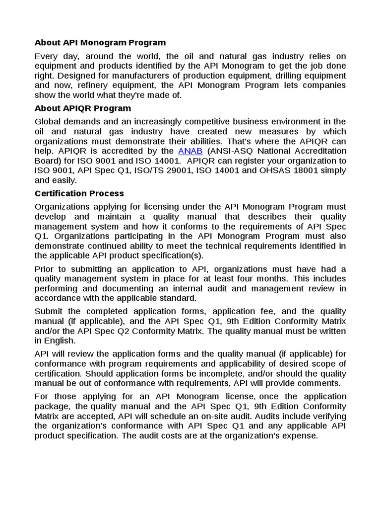 API Monogram Program | Audit | Quality (Business)