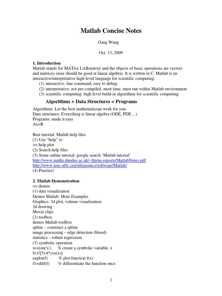 Matlab Concise Notes: Algorithms + Data Structures Programs | PDF ...