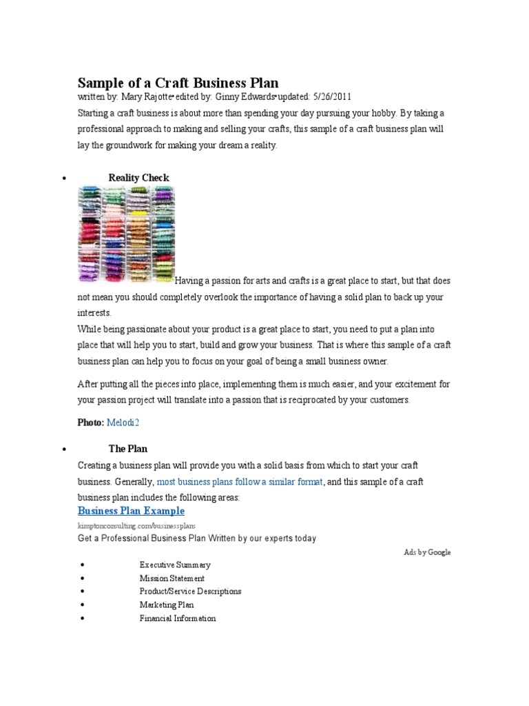 Sample of A Craft Business Plan | PDF | Market (Economics) | Marketing