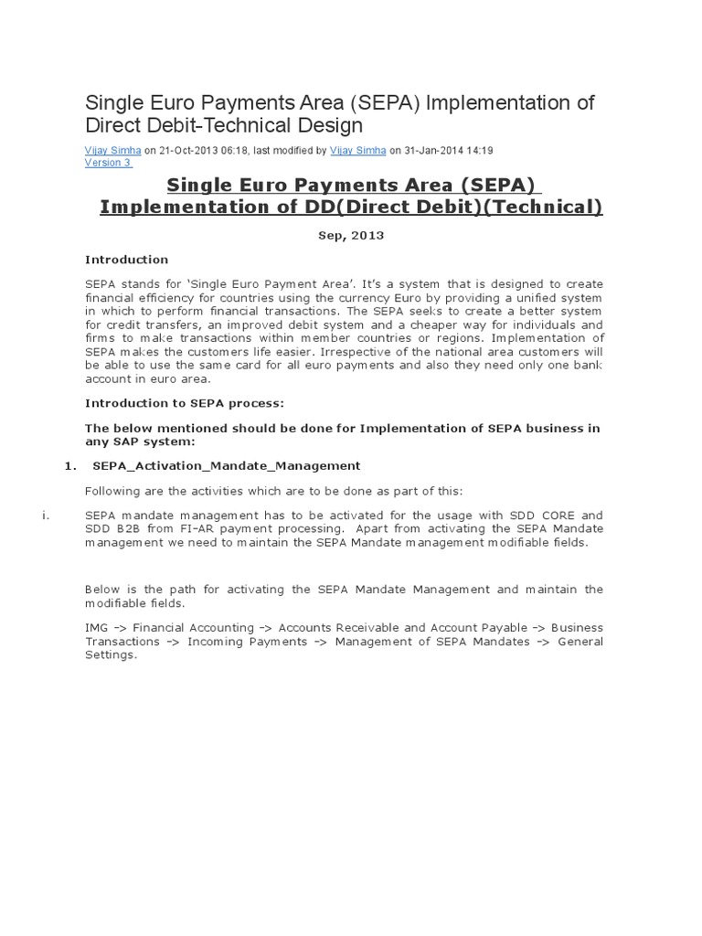 Single Euro Payments Area (SEPA) Implementation of Direct Debit-Technical Design | PDF | Debits ...