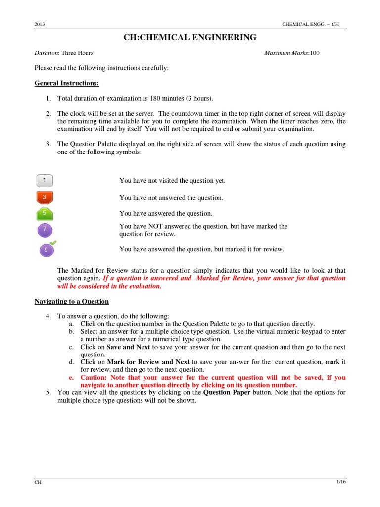 Chemical Engineering Exam Instructions | PDF