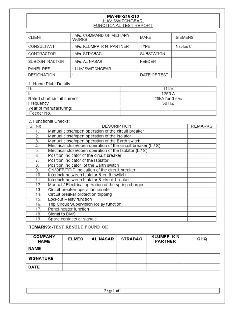 01-11kv SWGR Functional Checks | PDF