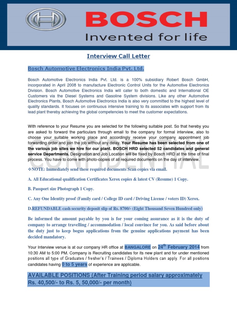 Interview Call Letter: Bosch Automotive Electronics India Pvt. LTD ...
