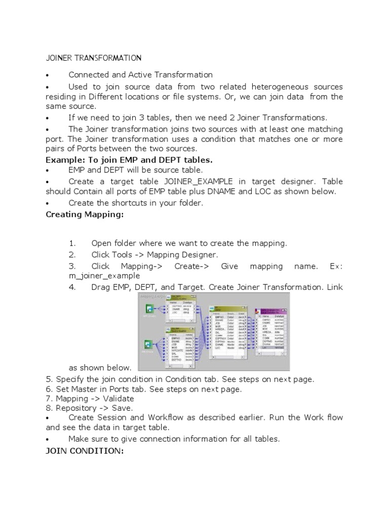 Joiner Transformation: Example: To Join EMP and DEPT Tables | PDF ...