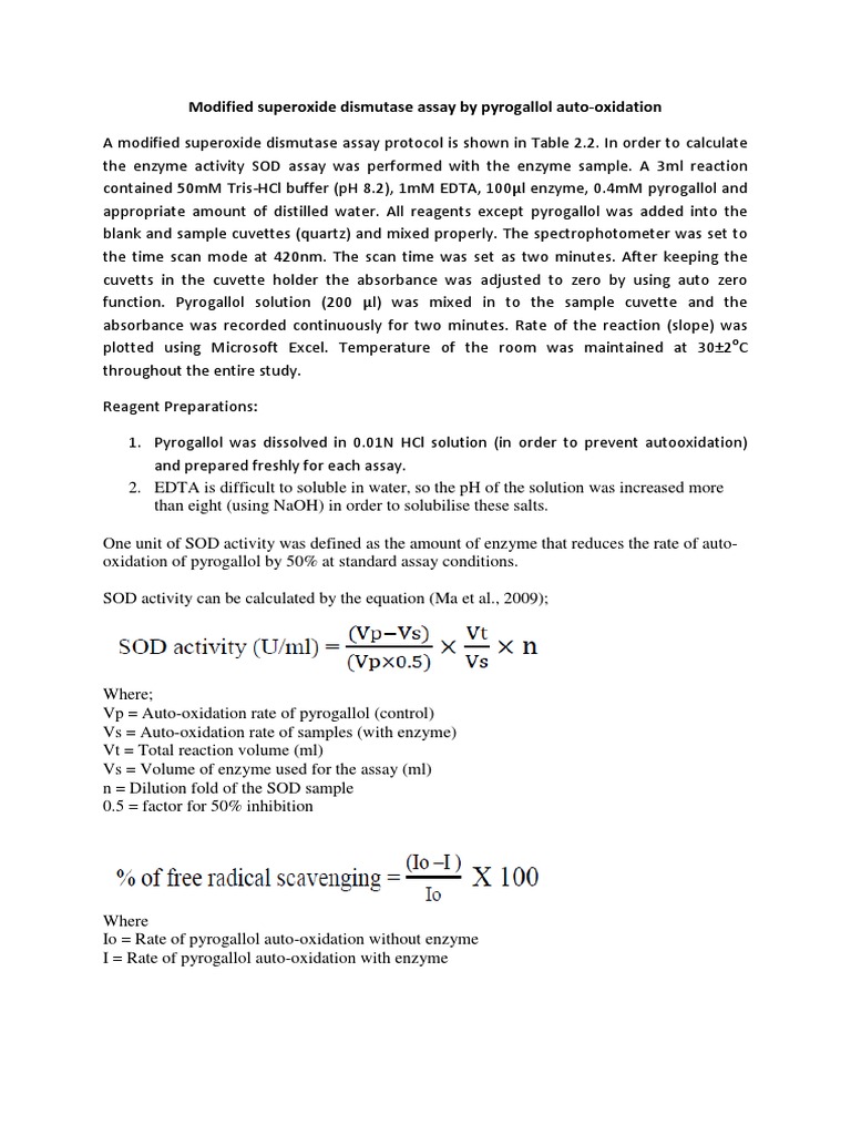 Modified SOD Assay Protocol Using Pyrogallol | PDF | Superoxide ...