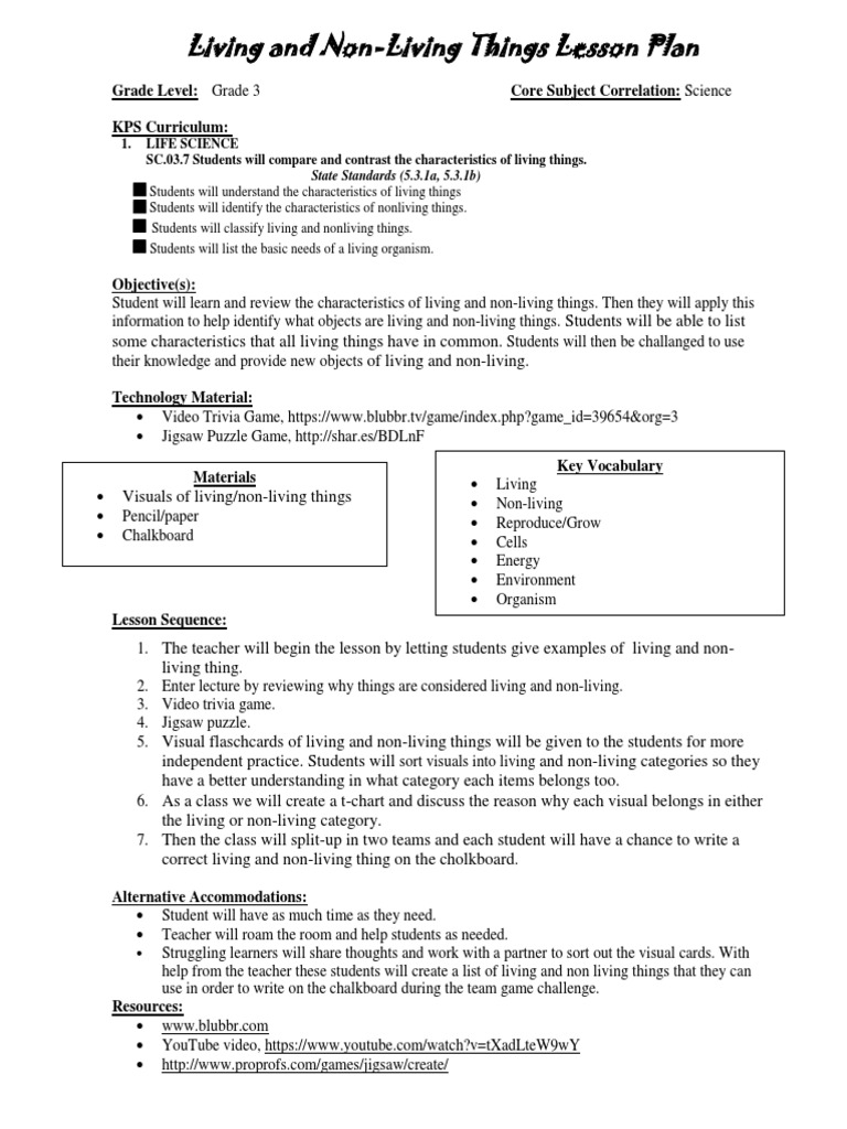 Week 12 - Leson Plan-Living and Non Living Things | Download Free PDF ...
