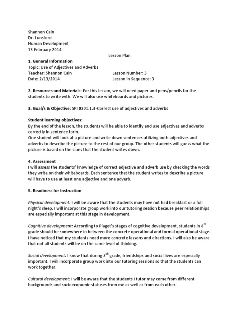 Lesson Plan Adjectives | PDF | Cognitive Development | Lesson Plan