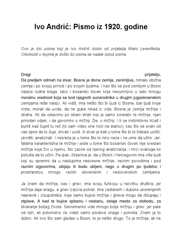 I. ANDRIĆ - Pismo Iz 1920. | PDF