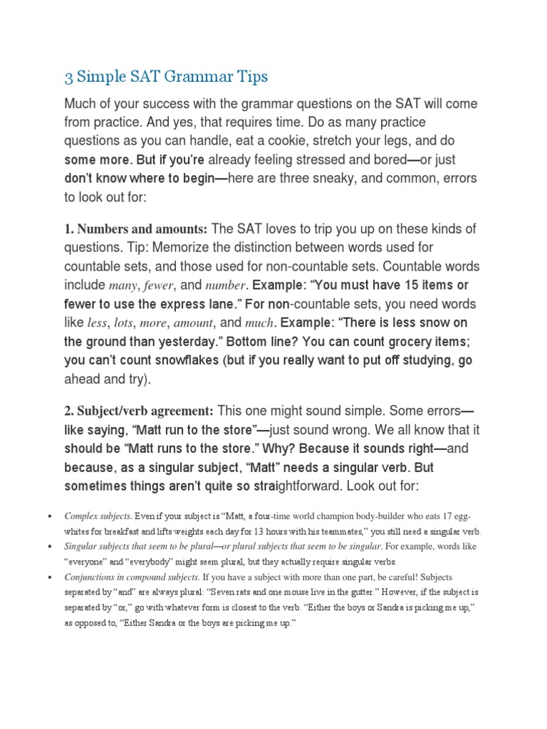 3 Simple SAT Grammar Tips | PDF | Sentence (Linguistics) | Subject ...