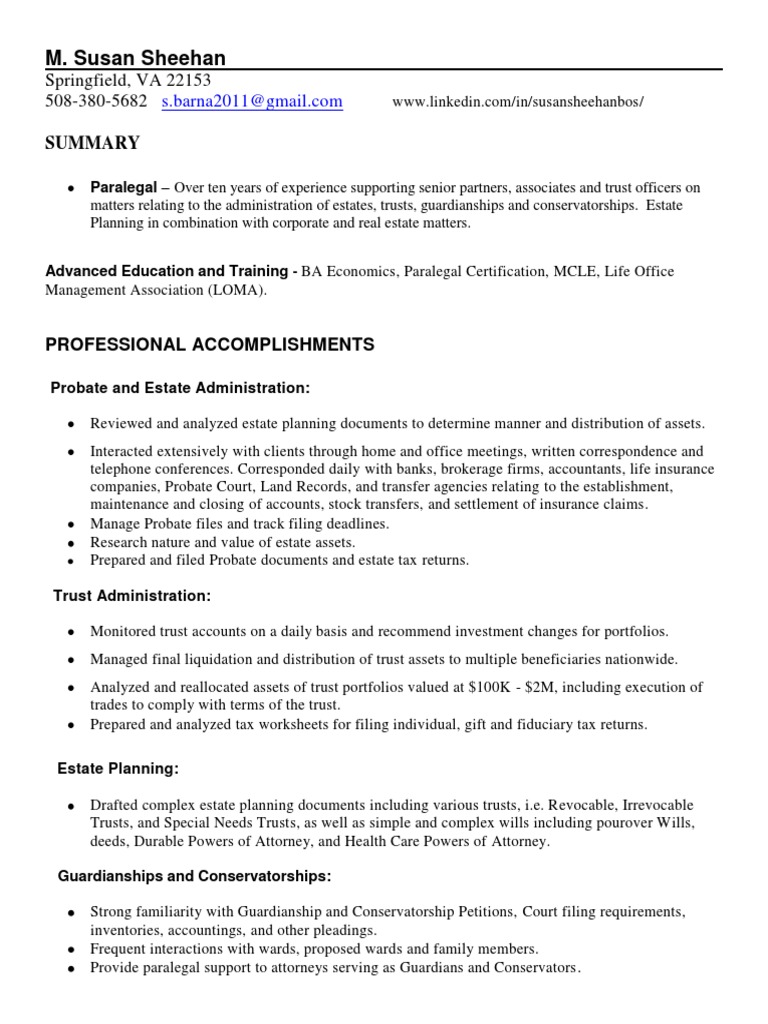 Trust Officer Estate Administration Paralegal in Washington DC Resume ...