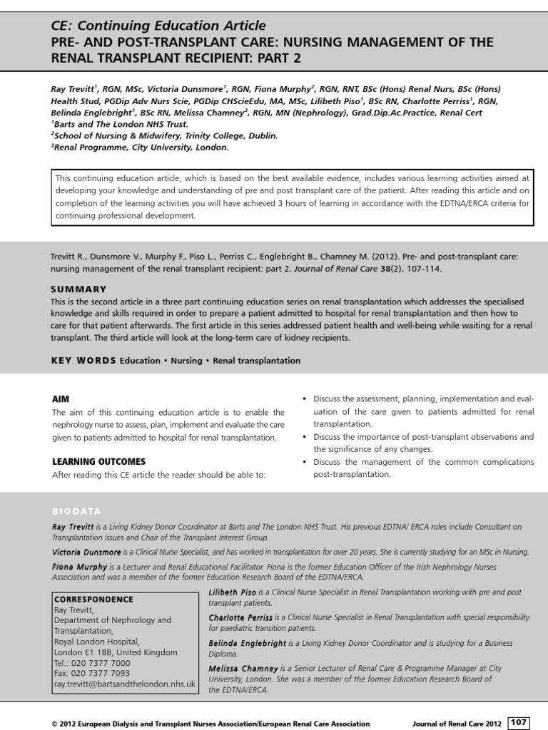 Pre - and Post-Transplant Care | Download Free PDF | Kidney ...
