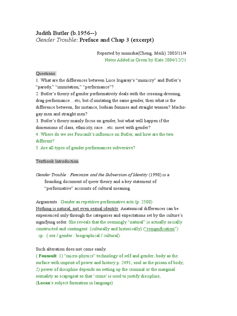 Butler's Theory of Gender Performativity | PDF | Gender Equality ...