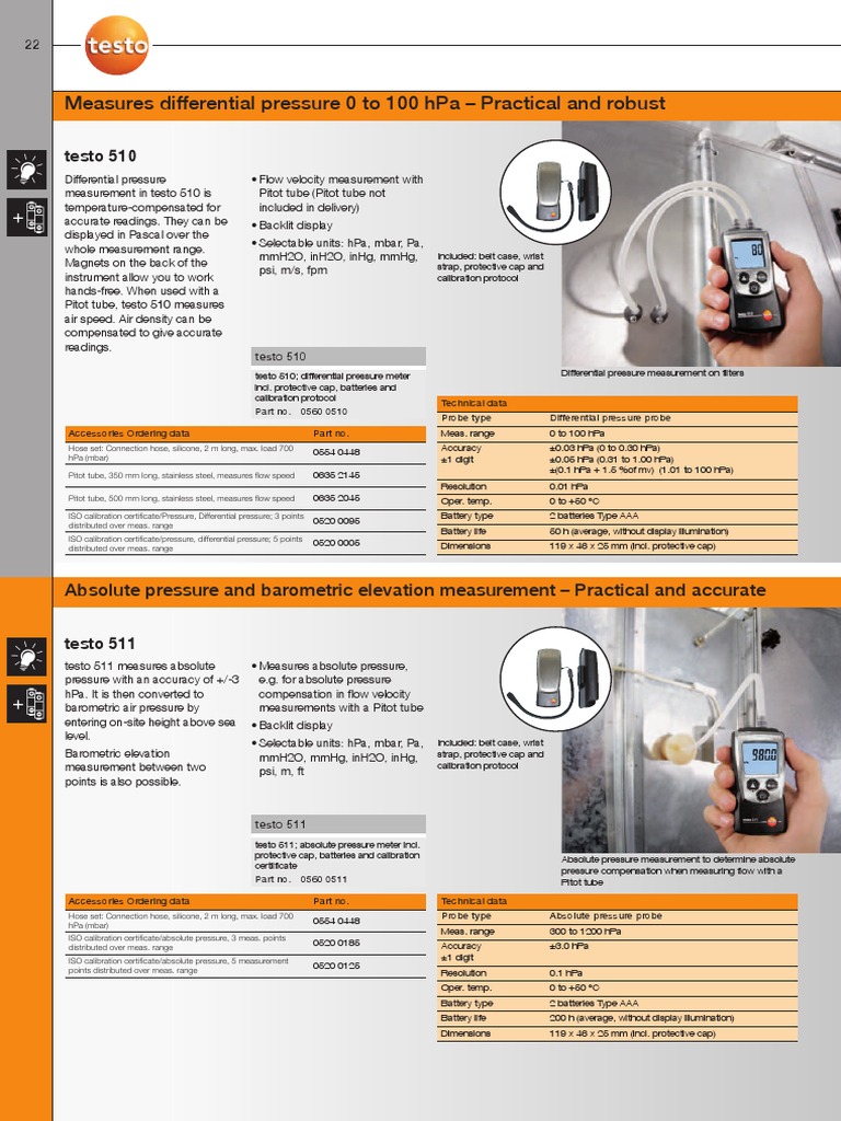 Testo 510 511 Manometers | PDF | Pressure Measurement | Pascal (Unit)