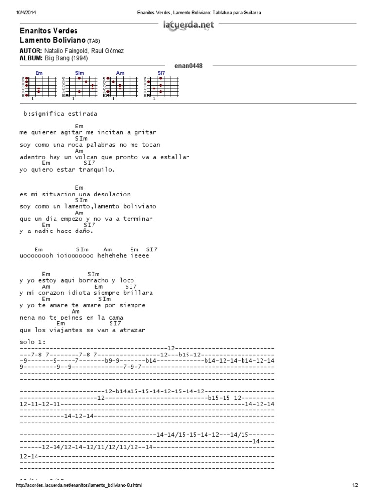 Enanitos Verdes, Lamento Boliviano - Tablatura para Guitarra | PDF