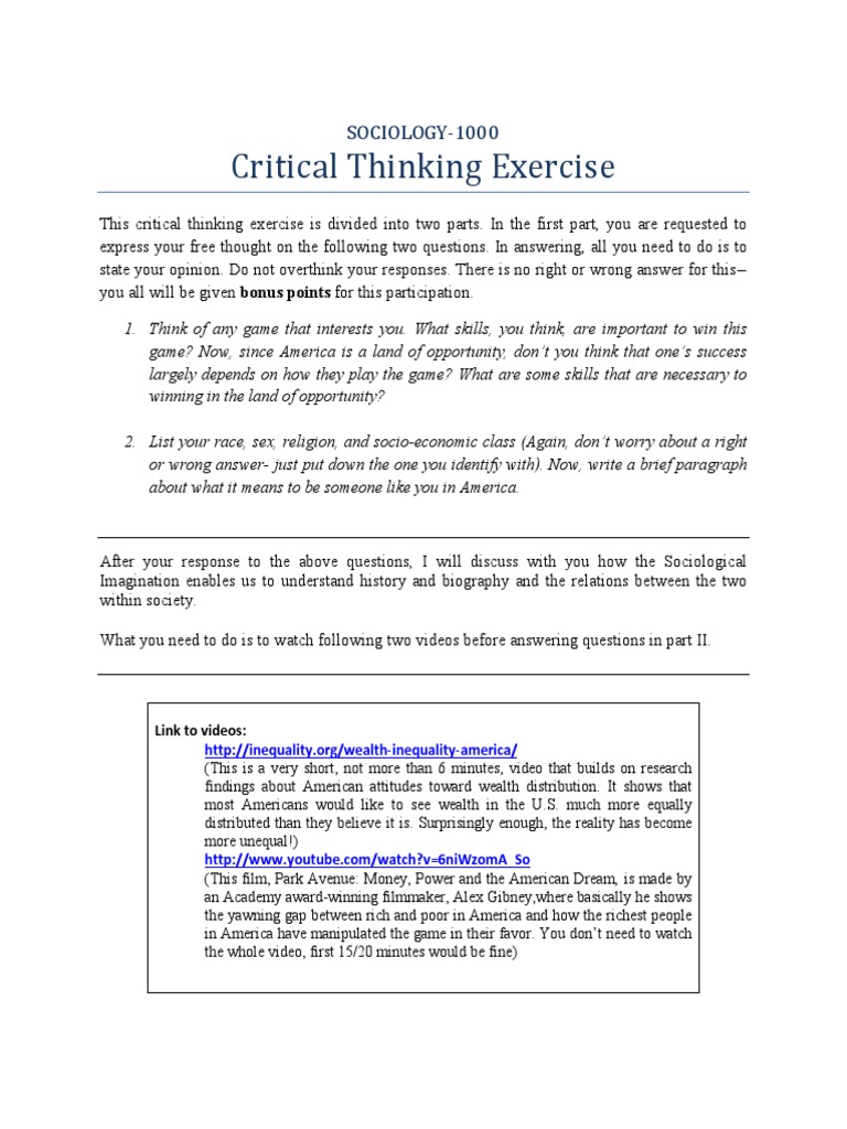 Critical Thinking Exercise | PDF | Thought | Sociology