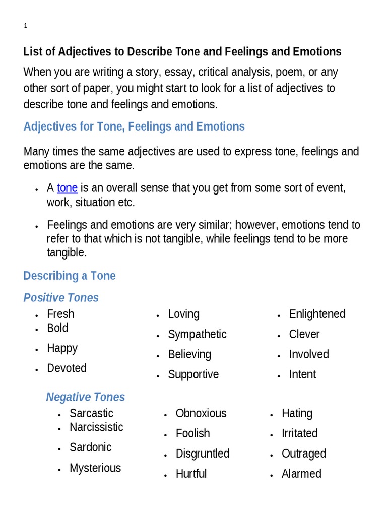 List of Adjectives to Describe Tone and Feelings and Emotions ...