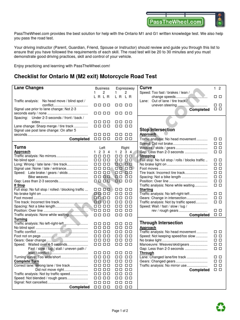 Ontario M M2 Motorcycle Road Test Checklist | Download Free PDF | Lane ...