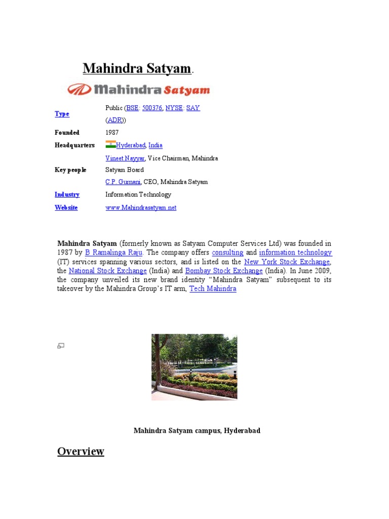Mahindra Satyam: Mahindra Satyam (Formerly Known As Satyam Computer ...