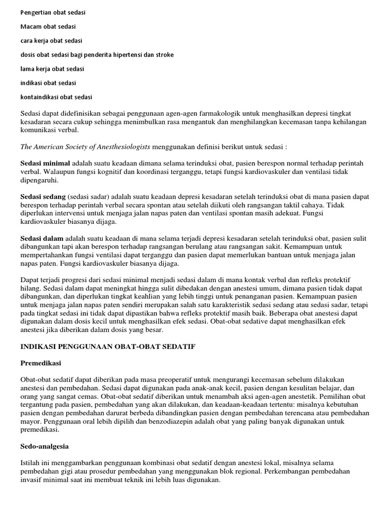 Pengertian dan Fungsi Obat Sedasi | PDF