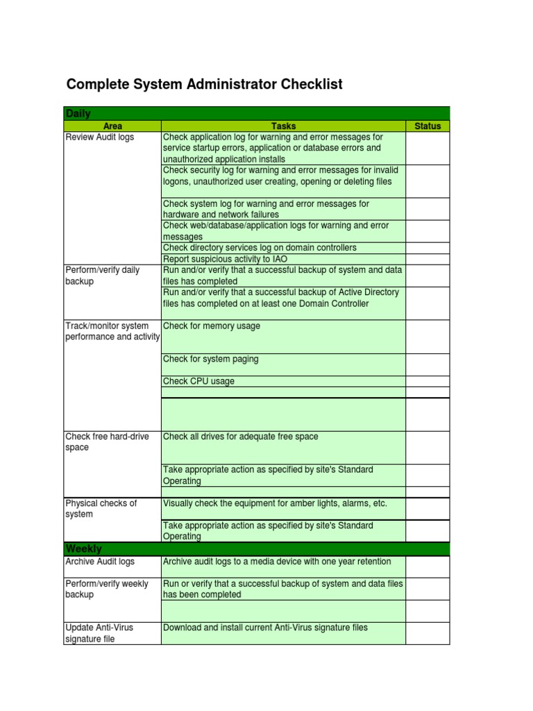 System Administrator Audit Checklist | PDF | Backup | Computer File