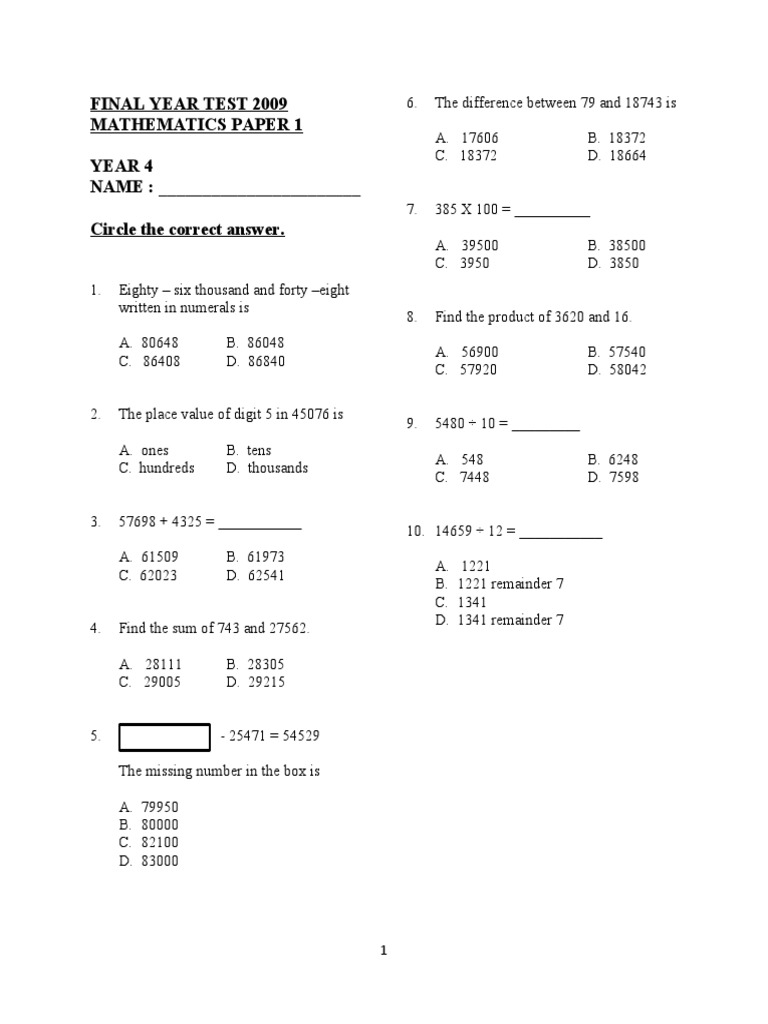 MT Final Test Paper 1 Year 4 | PDF | Mathematics | Teaching Mathematics