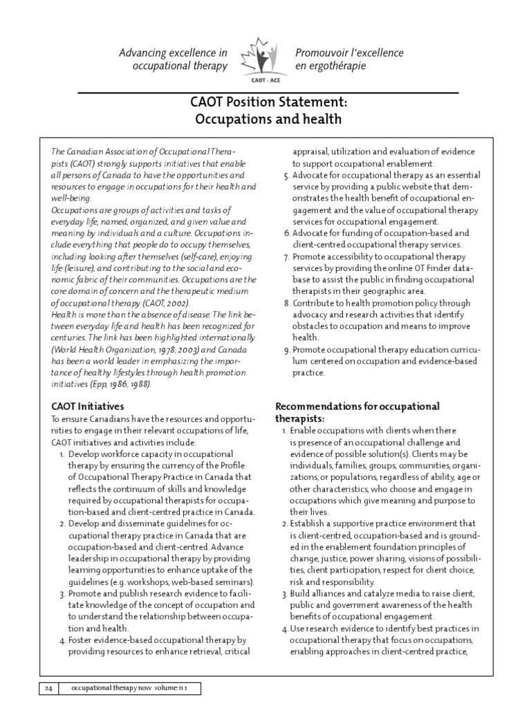 T.O. CAOT Position Statement | PDF | Occupational Therapy | Psychotherapy