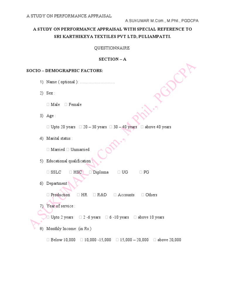 Performance Appraisal Questionnaire | PDF | Performance Appraisal ...