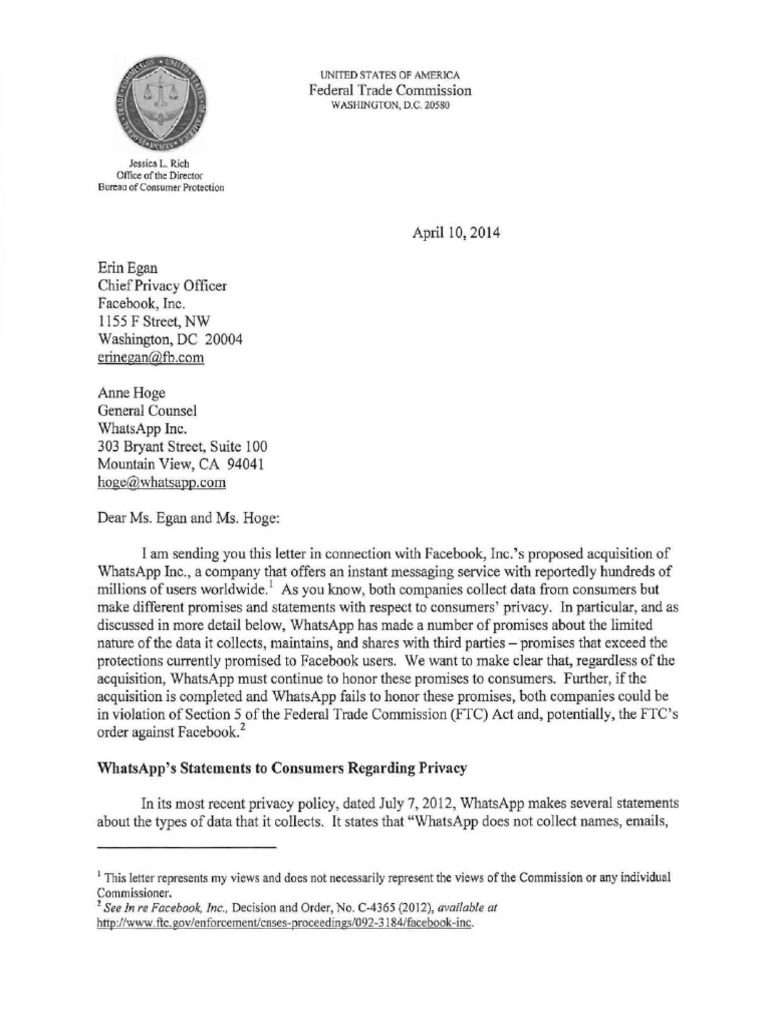 Letter From FTC To Facebook And WhatsApp | Whats App | Federal Trade ...