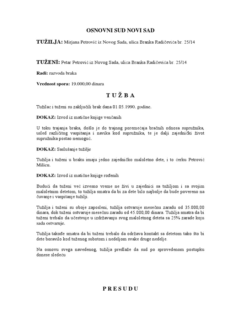 Tužba Za Razvod Braka | PDF