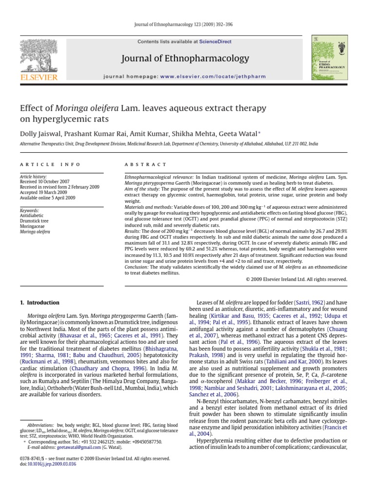 DF Effect of Moringa Oleifera Lam Leaves Aqueous Extract Therapy On Hyperglycemic Rats | PDF ...