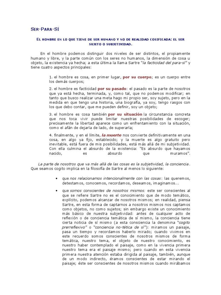 Ser en sí y ser para sí según Sartre | PDF | Nada | Existencia