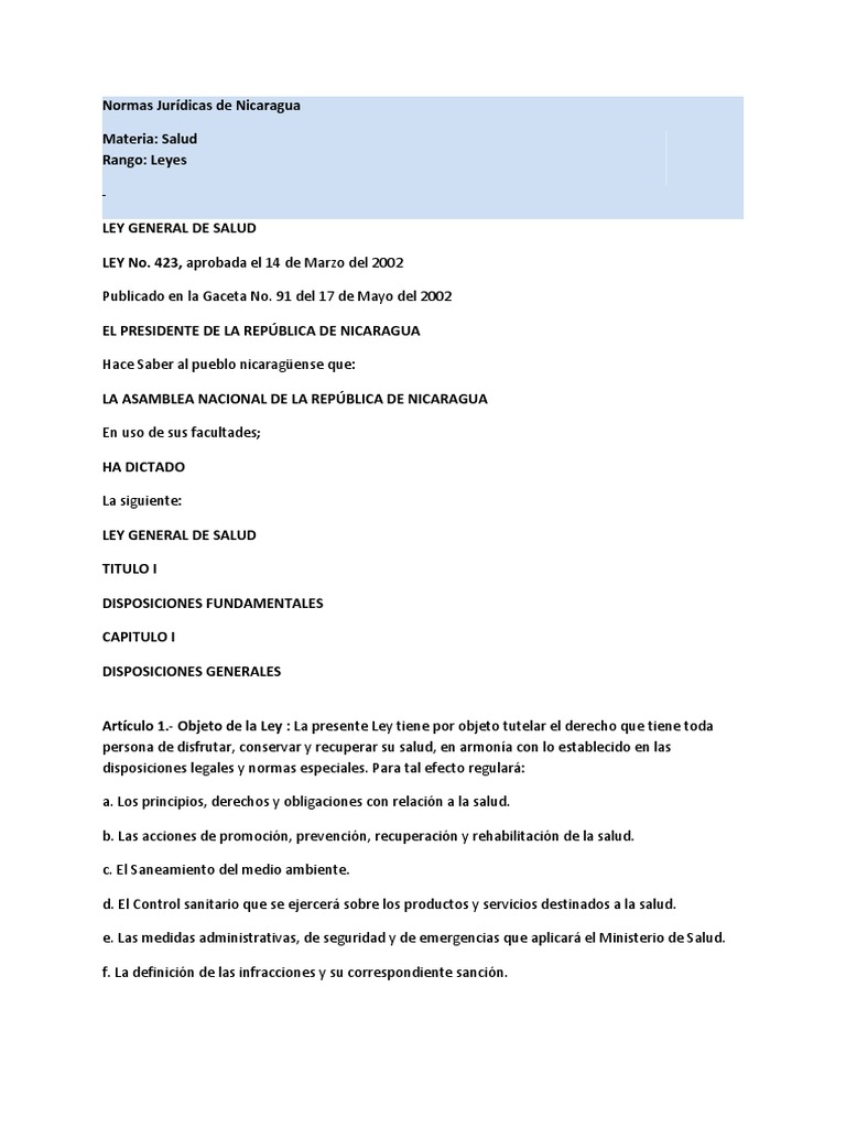 LEY No. 423 Del 14 de Marzo Del 2002 | PDF | Sistema de salud | Bienestar
