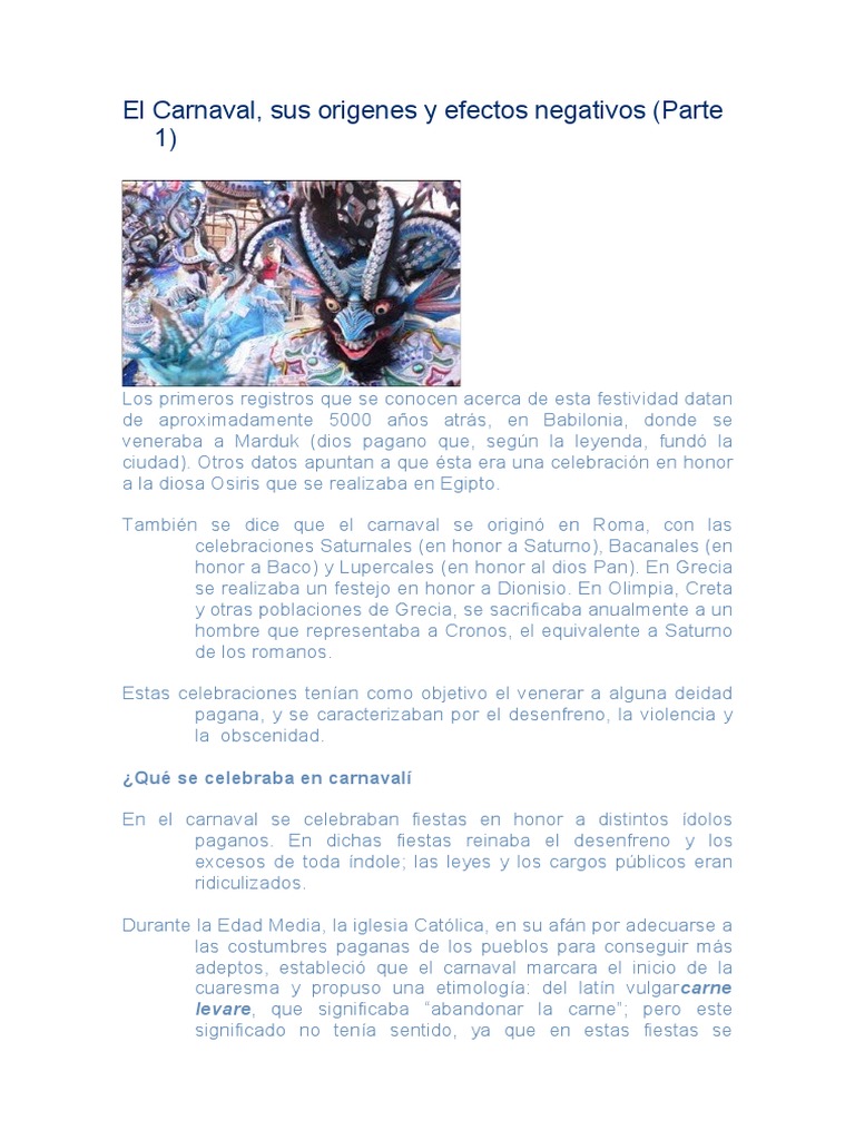 El Carnaval, Sus Origenes y Efectos Negativos | PDF | Carnaval | Moralidad