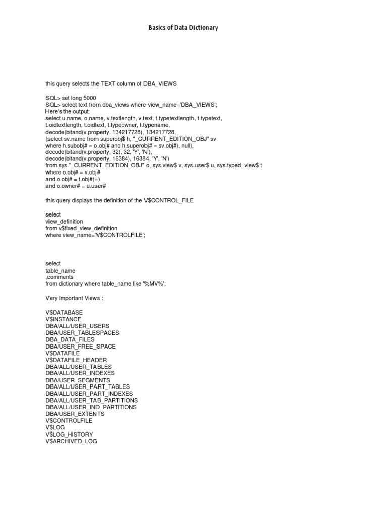 Basics of Data Dictionary | PDF | Sql | Data Management Software