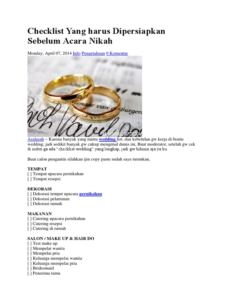 Checklist Persiapan Acara Nikah | PDF
