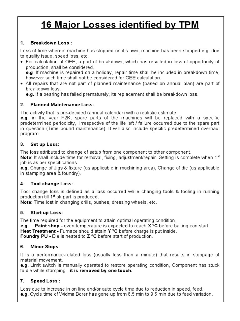 16 Major Losses in TPM Explained | PDF | Business Process | Nature