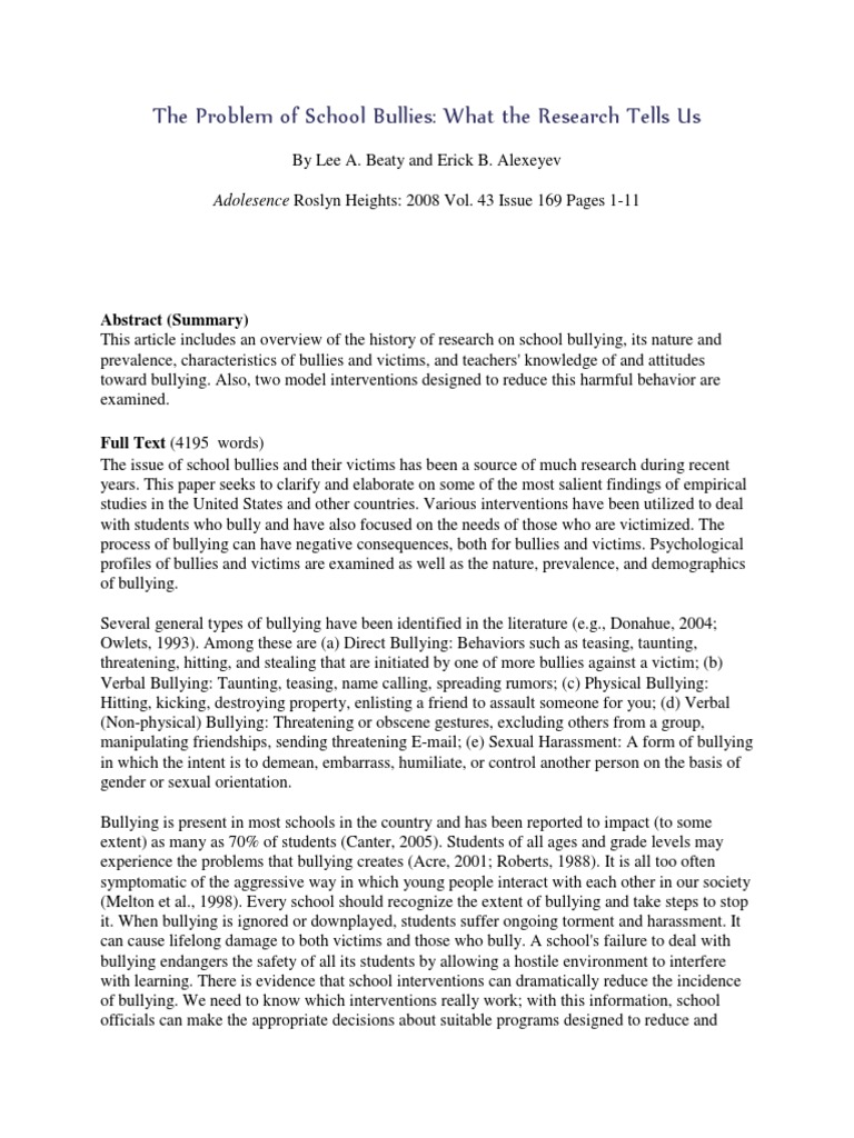 An Overview of Research on School Bullying: Characteristics ...