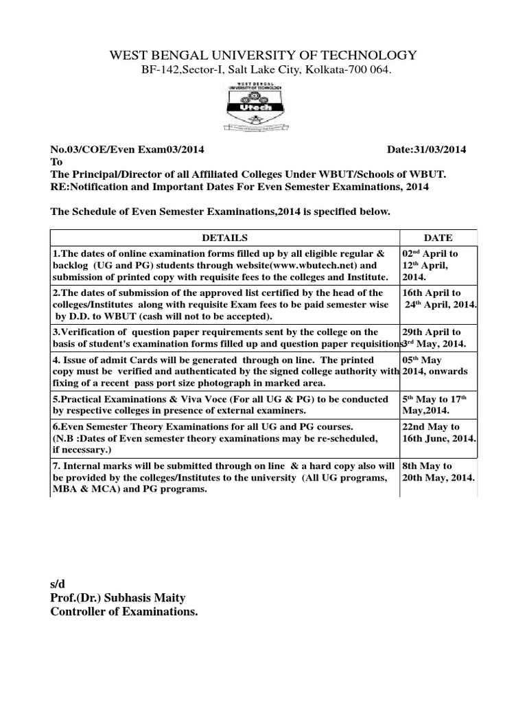 Exam Schedule for WBUT Colleges | PDF | Career & Growth