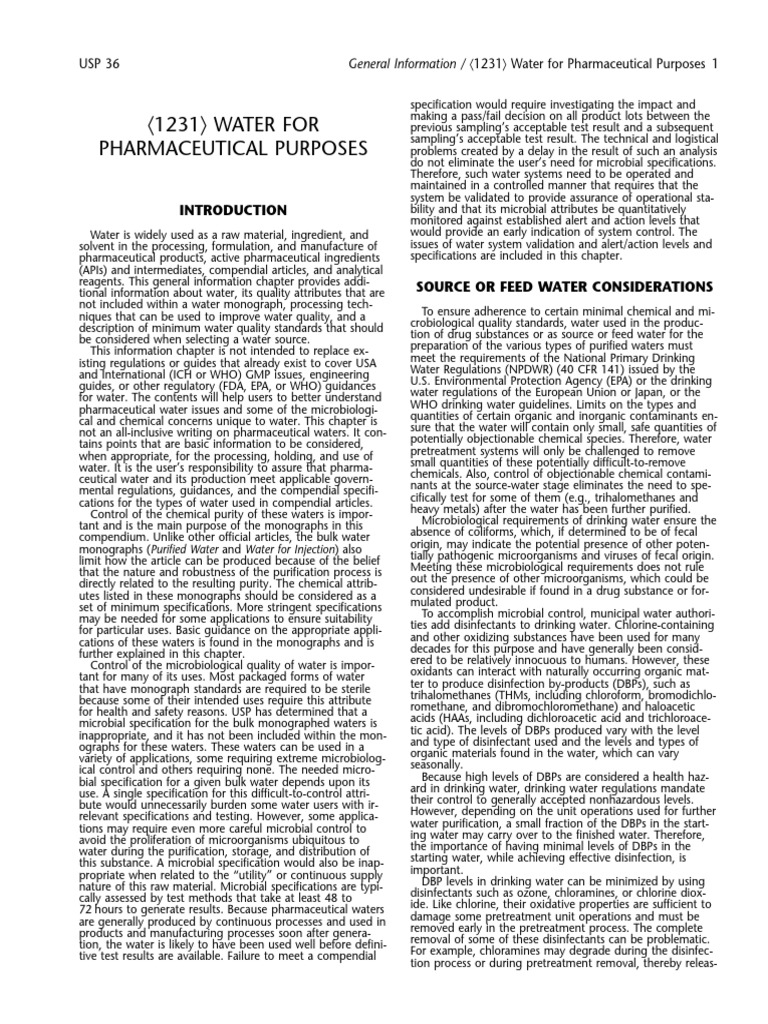 c1231 USP36 | PDF | Purified Water | Verification And Validation