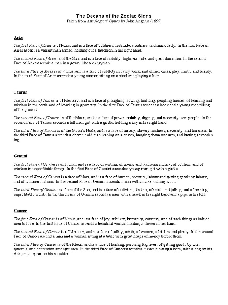 Zodiac Decans Overview | PDF | Astrological Sign | Ancient Astronomy