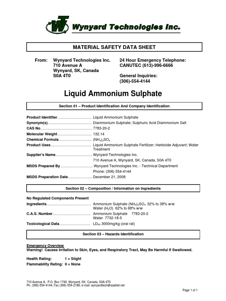 Liquid Ammonium Sulfate MSDS | PDF | Flammability | Chemistry