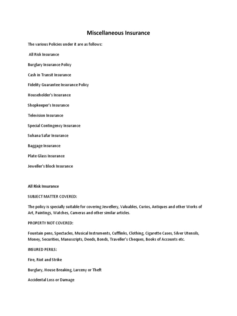 Miscellaneous Insurance | PDF | Vehicle Insurance | Deductible