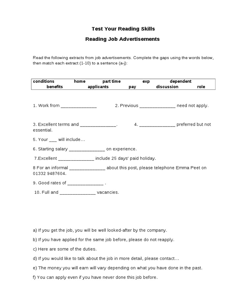 Reading Job Ads: Skill Test | PDF