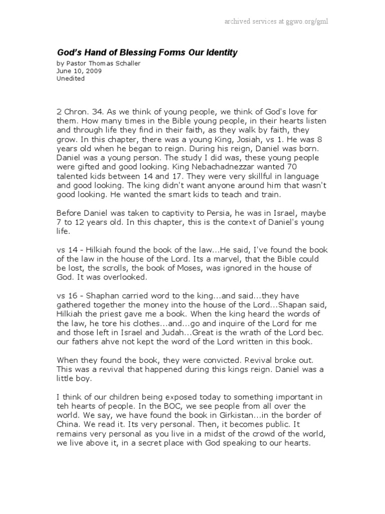 God's Hand of Blessing Forms Our Identity | PDF | Shadrach, Meshach ...