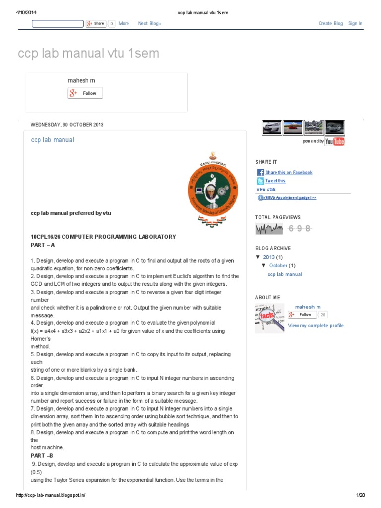 CCP Lab Manual Vtu 1sem | PDF | C (Programming Language) | Exponential Function